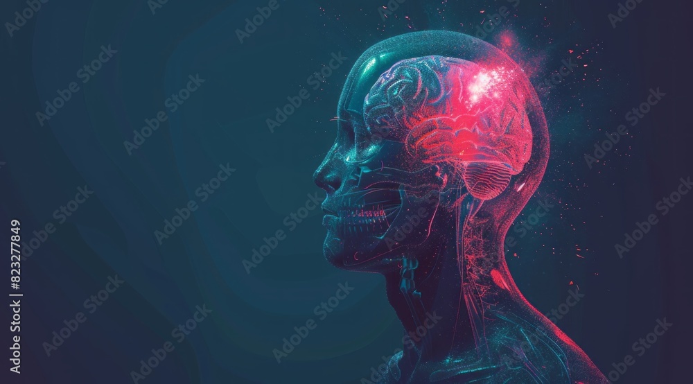 A glowing human head with an X-ray showing the brain, a red highlighted ...