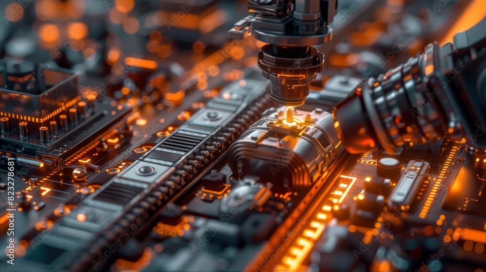 Depict a factory where nanoscale robots assemble complex electronic ...