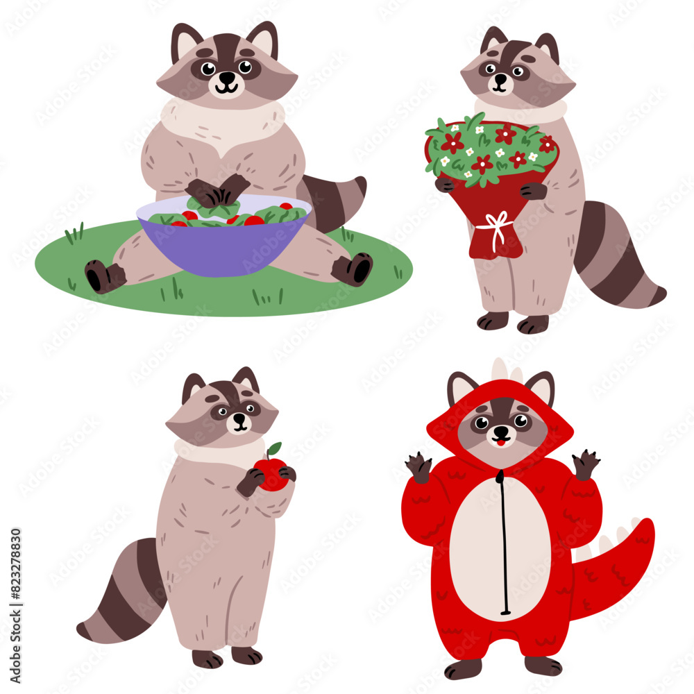 Cute cartoon raccoon set. Raccoon with Dexterous Front Paws and Ringed ...