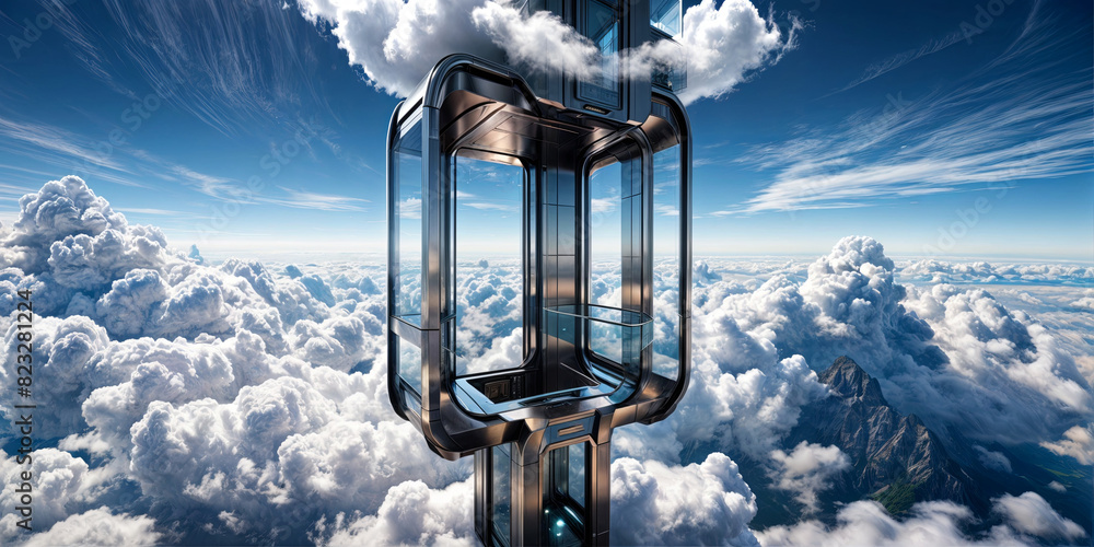 futuristic elevator is seen floating above the clouds, with a clear ...