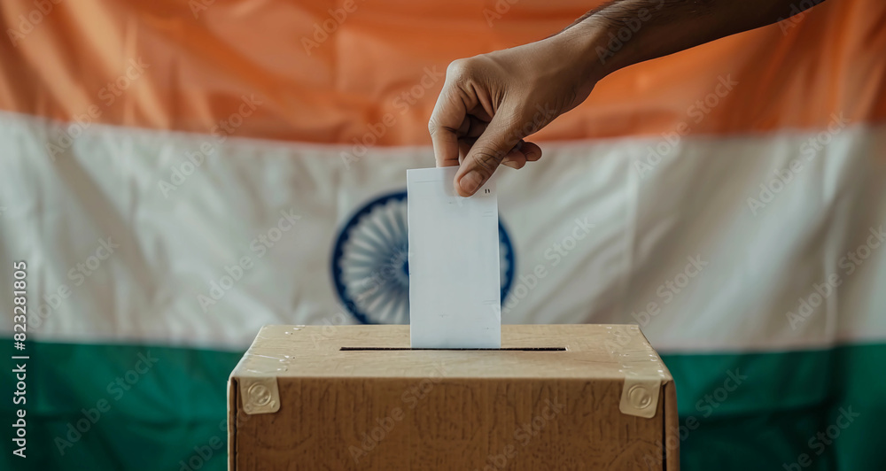 Concept of voting or elections in India, a hand depositing a ballot paper into the ballot box ...