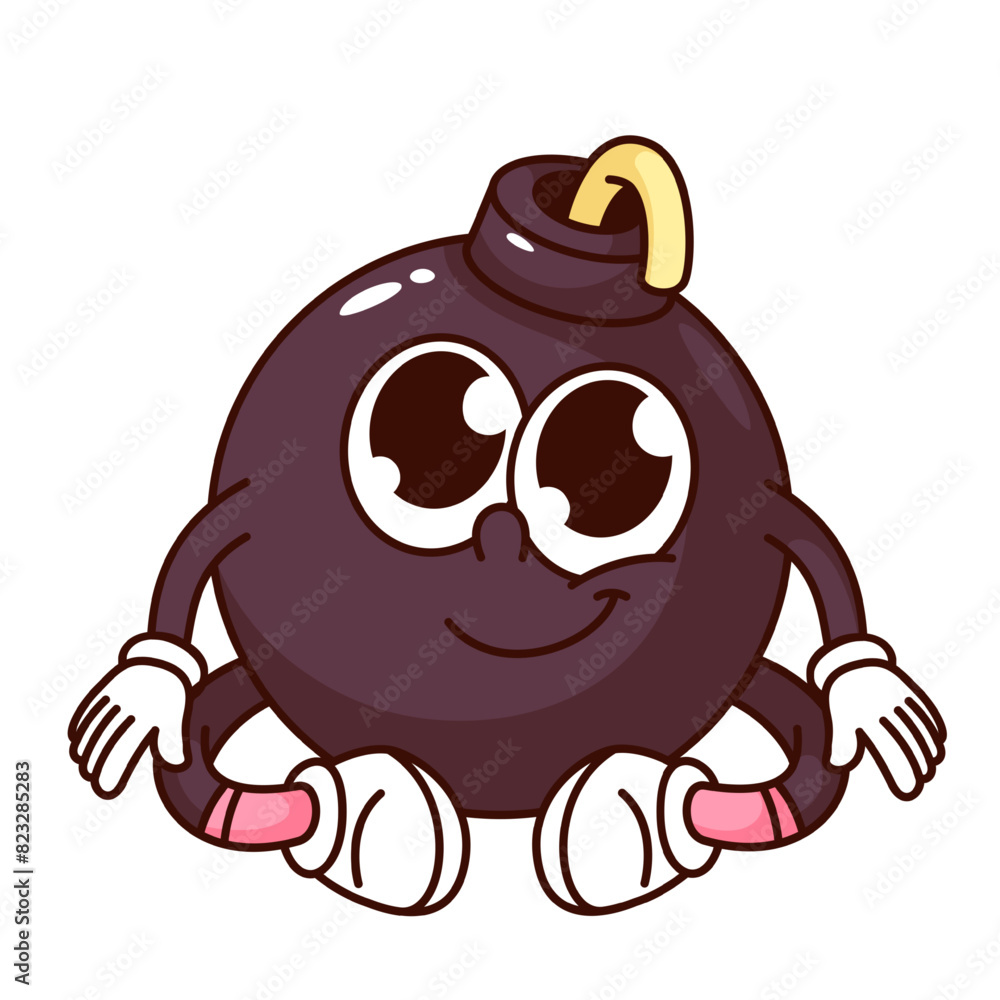 Groovy bomb cartoon character sitting in meditation pose. Funny retro ...