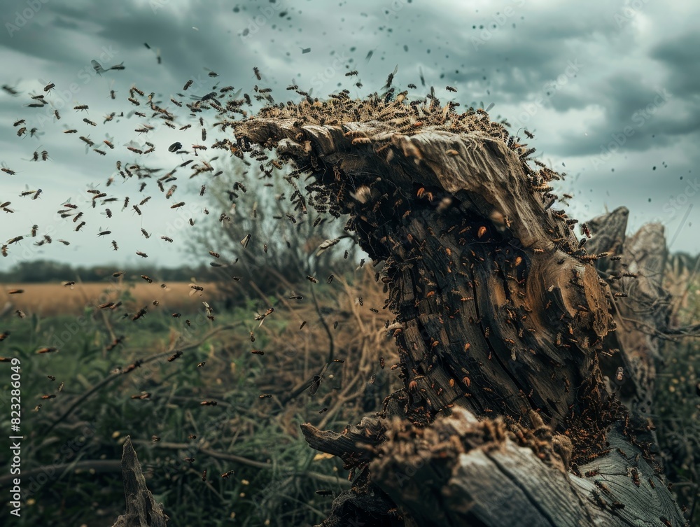 A swarm of insects flying around a rotting tree stump in a field ...