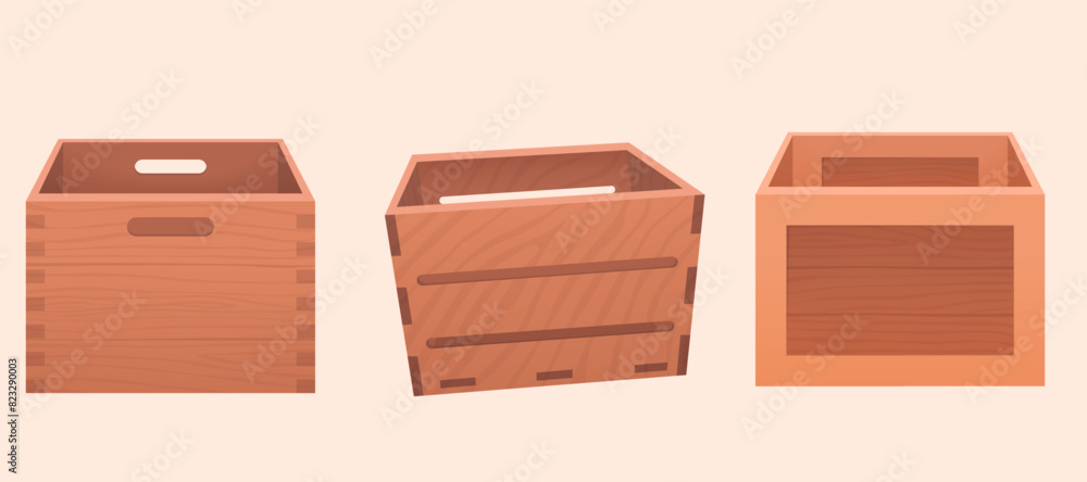 Cartoon wooden containers. Delivery containers, empty wood boxes and ...