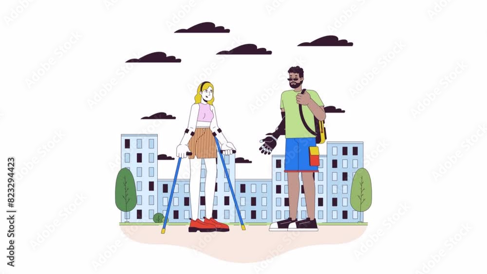 Black man waving prosthetic hand to friend with crutches line cartoon ...