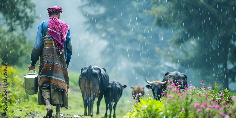 Farmer in traditional clothes holding milk pail with cattle on rainy ...