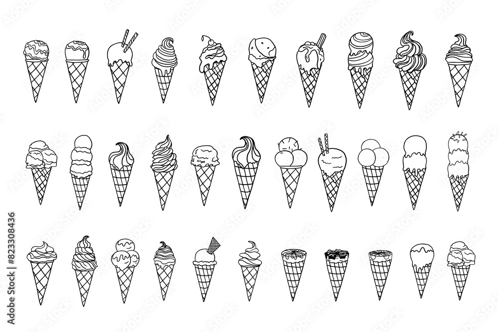 Cute set of ice cream in a waffle cone in doodle style. Ice cream with ...
