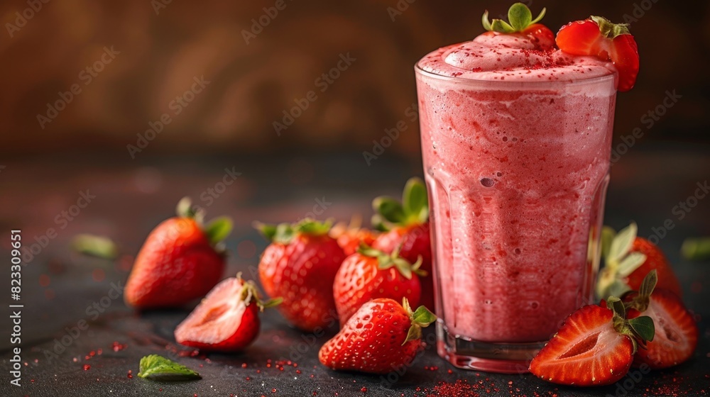 fruit smoothie art, a tall glass of strawberry frappe, topped with ...