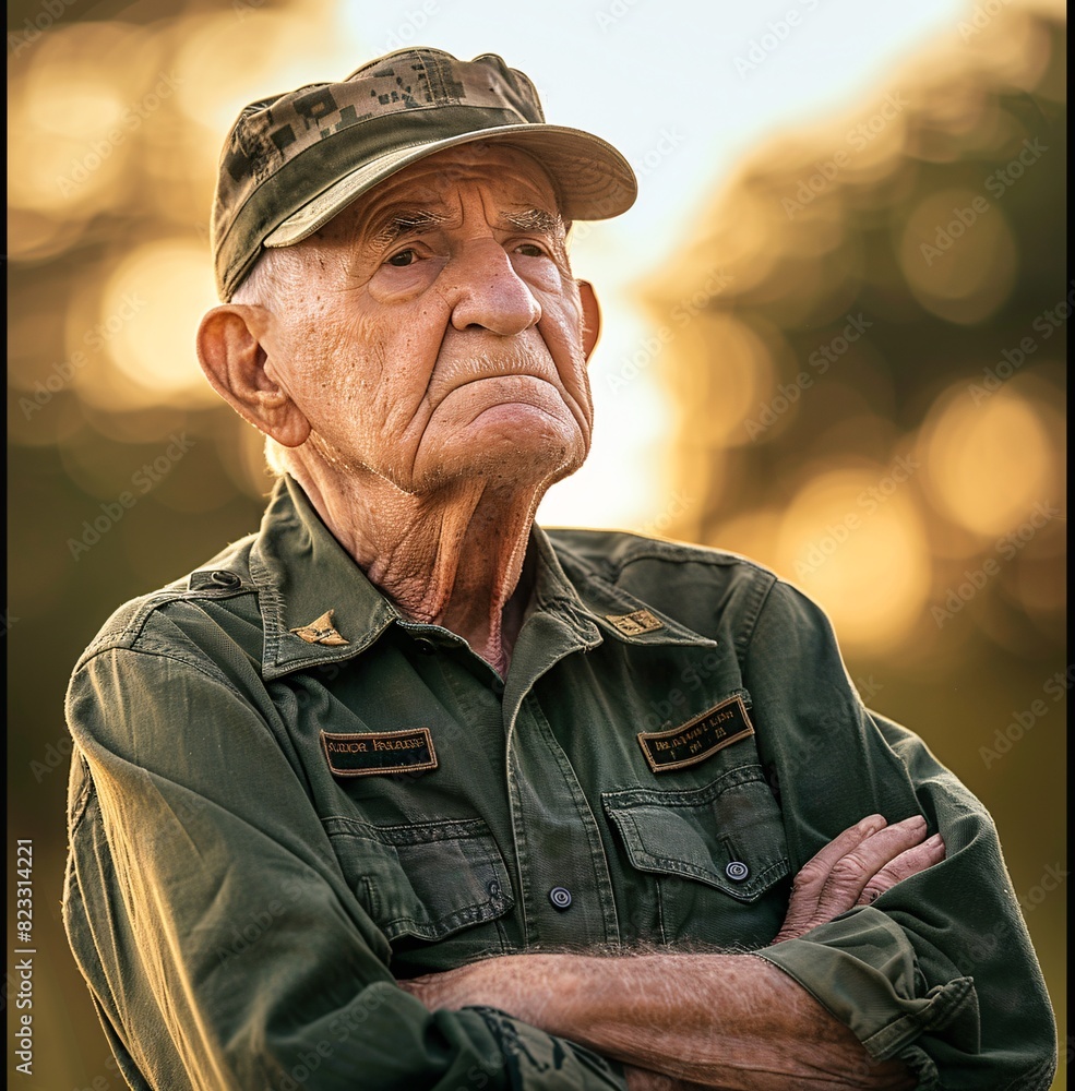An aged military veteran with a somber look, standing with crossed arms ...