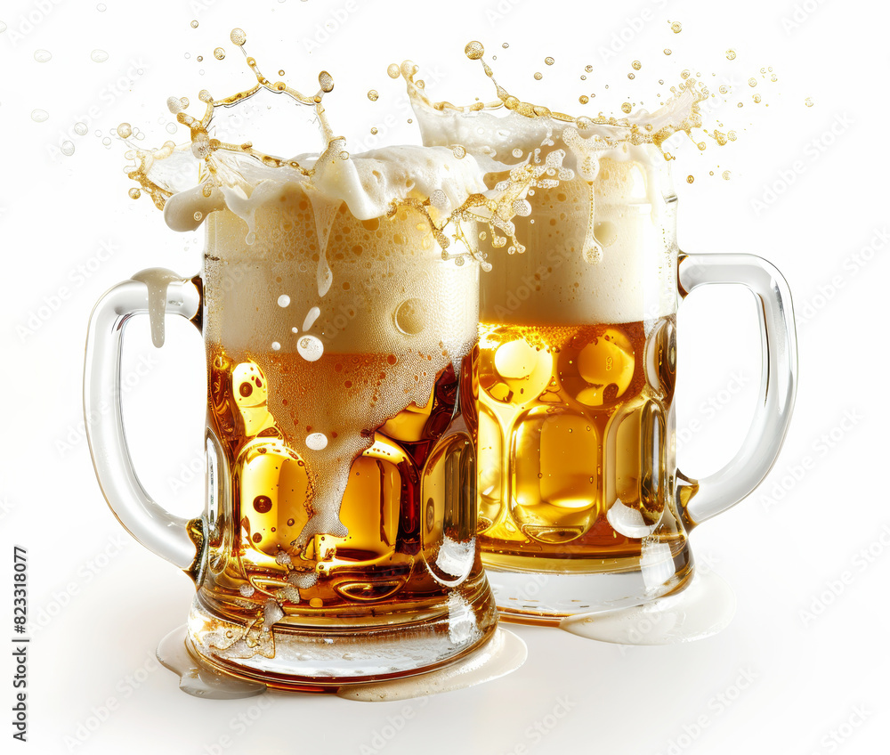 Two beer mugs clinking together with splashes of foamy beer against a ...