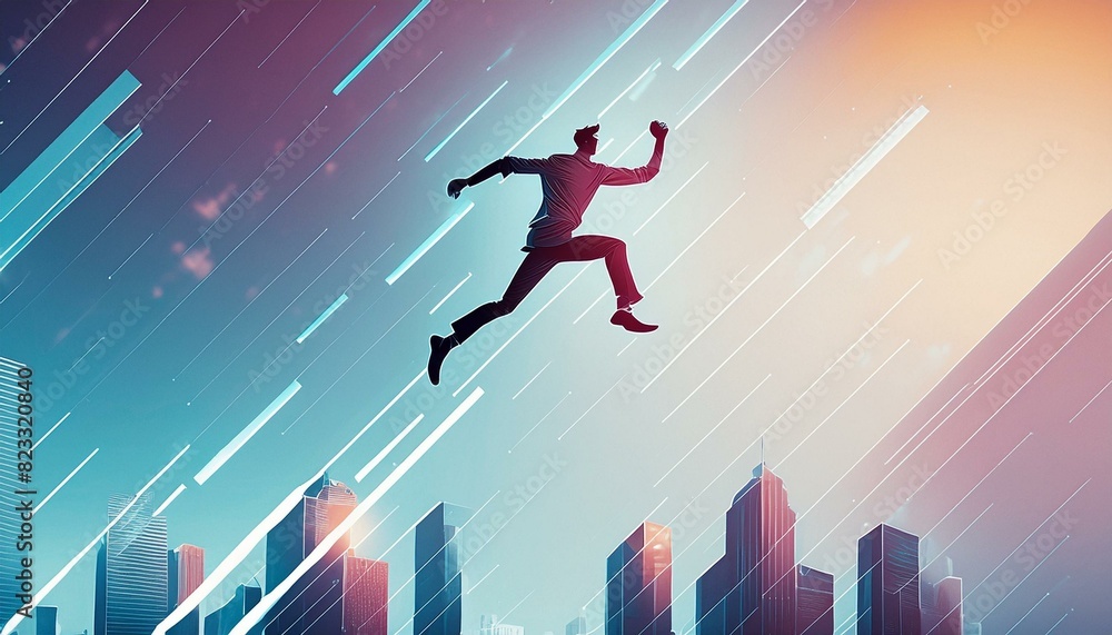 Determined man leaps through the air with arrows in a city background ...