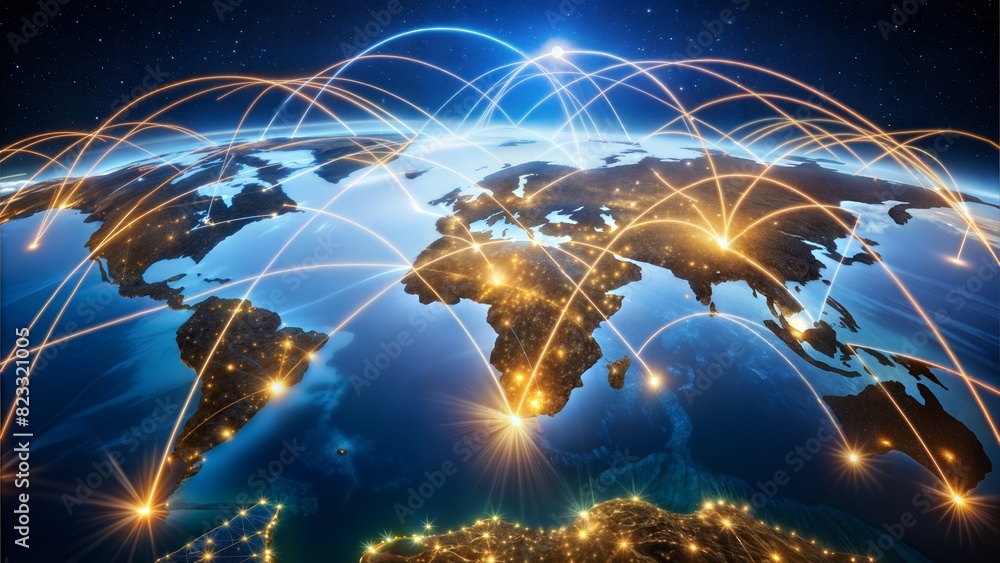 A world map with glowing lines connecting major cities or data centers ...