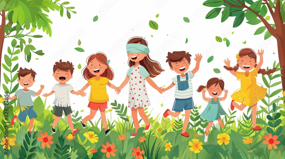 Kids playing hide and seek, outdoor game. Woman blindfold and children ...