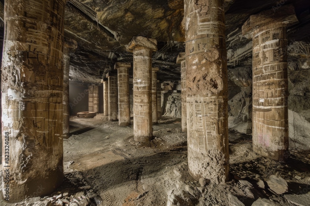 Abandoned salt mine passage with carved pillars creating grim ambiance ...