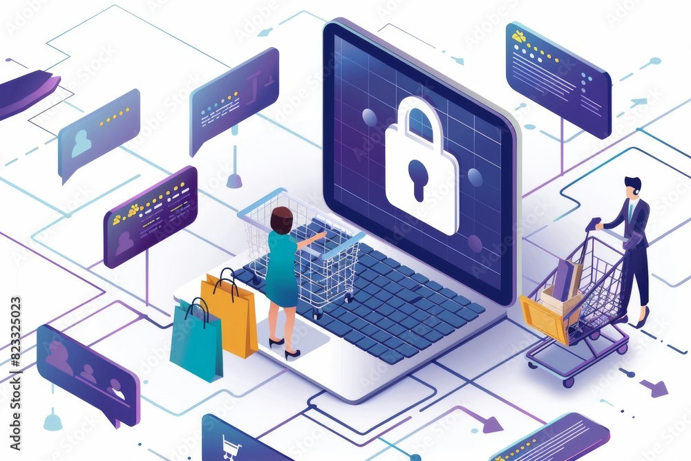 Isometric Illustration of Secure Online Shopping with Digital Locks ...
