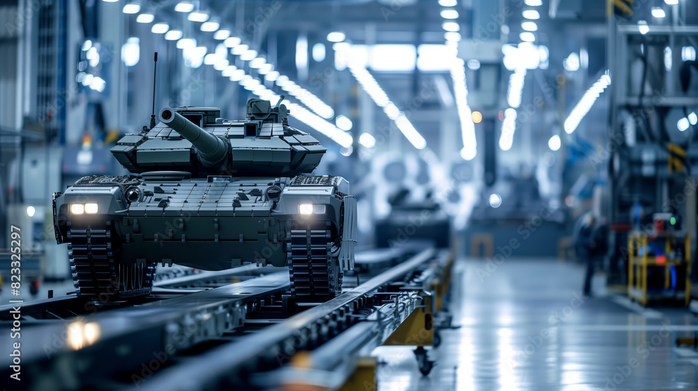 Military tank on an assembly line in a factory. Armored vehicle ...