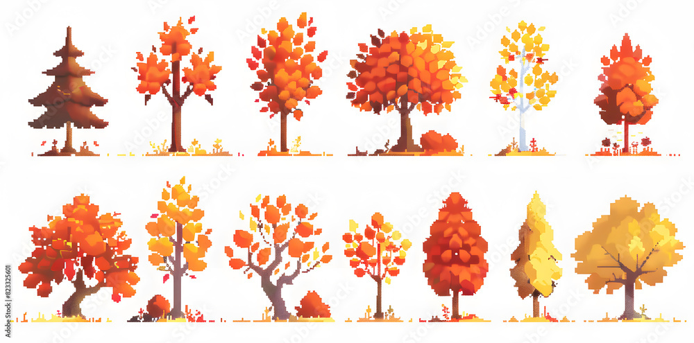 Pixel autumn yellow trees and bushes collection for arcade game assets ...
