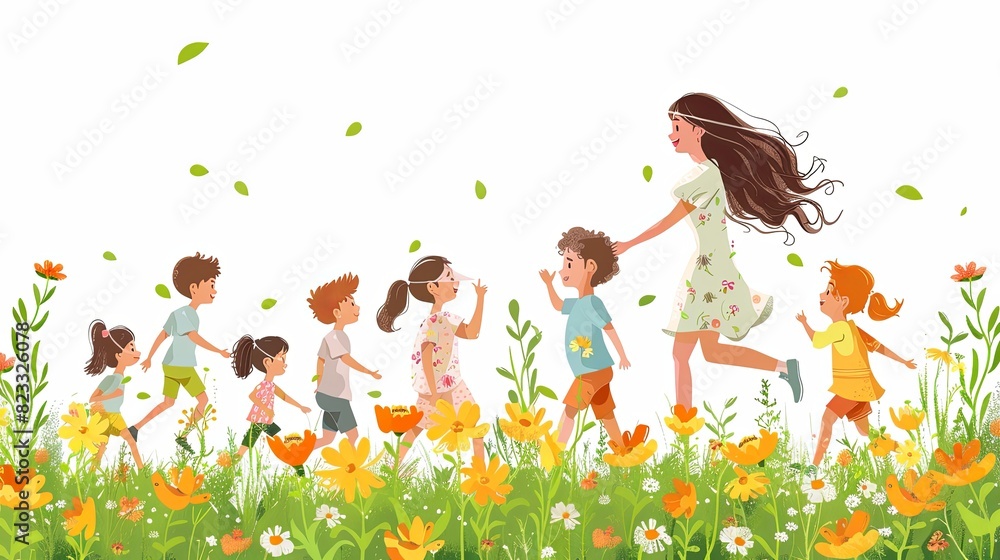 Kids playing hide and seek, outdoor game. Woman blindfold and children ...