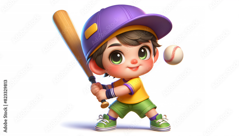 Full Focus! 3D Illustration Shows Concentrated Kid Hitting a Baseball ...