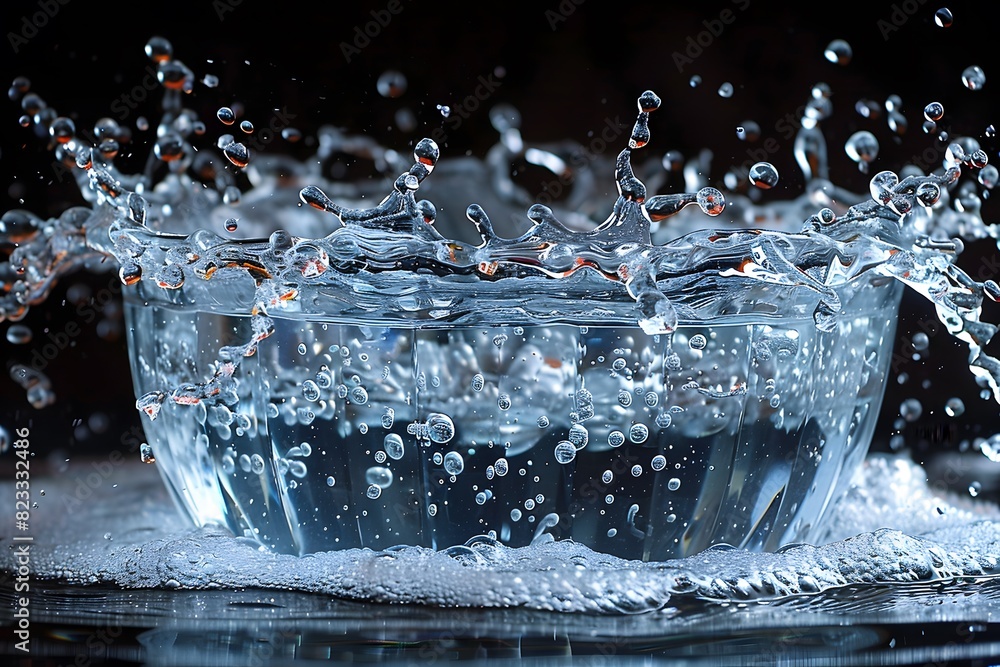 Dramatic Splash in Transparent Bowl with Water Droplets and Bubbles ...