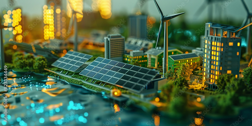Green city of the future with solar panels and wind turbines supplying ...