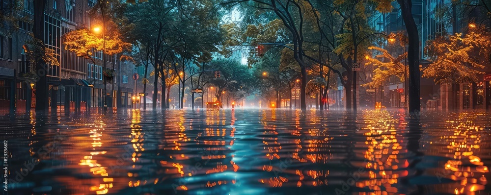 Urban flooding, submerged streets, heavy rainfall, vibrant colors ...