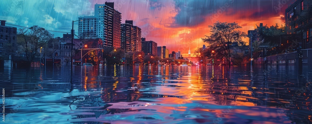 Urban flooding, submerged streets, heavy rainfall, vibrant colors ...