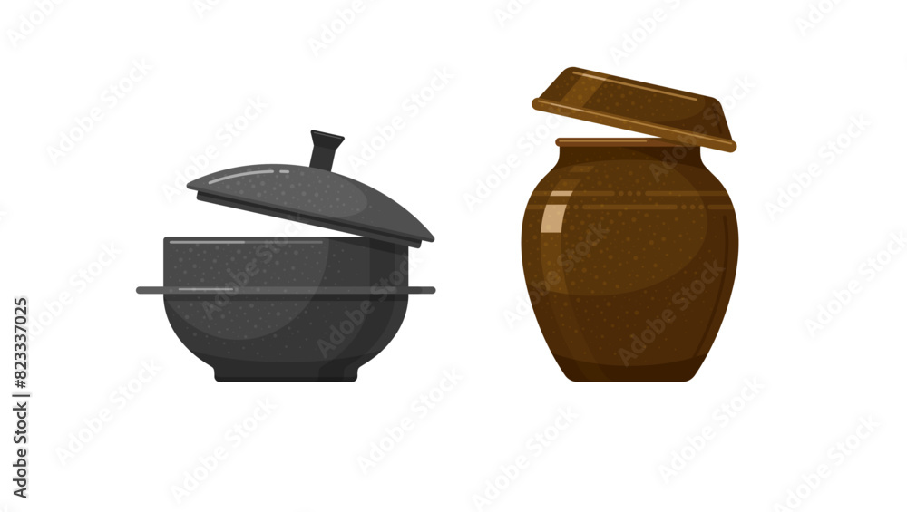 Korean earthenware pot and iron cauldron with lid. Clay onggi and ...