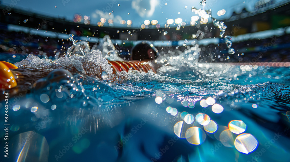 Olympic swimming event. Sport competition. Swimmers. Close-up water ...