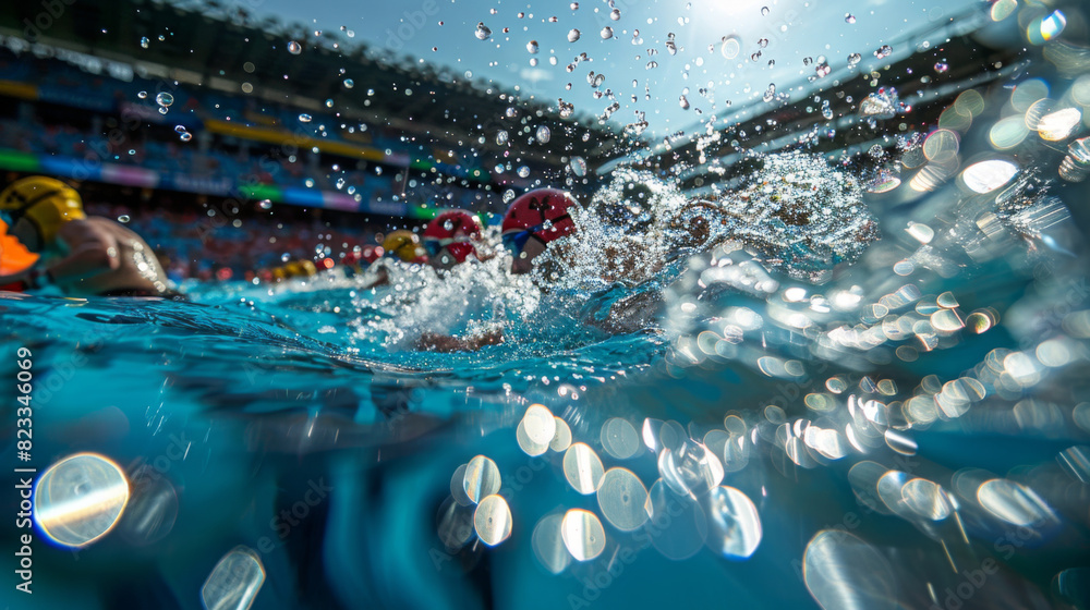 Olympic swimming event. Sport competition. Swimmers. Close-up water ...