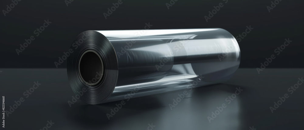 Rolls of clear plastic film with a reflective surface on a dark, sleek ...