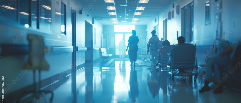 Calm hospital corridor with healthcare staff and patients in motion ...