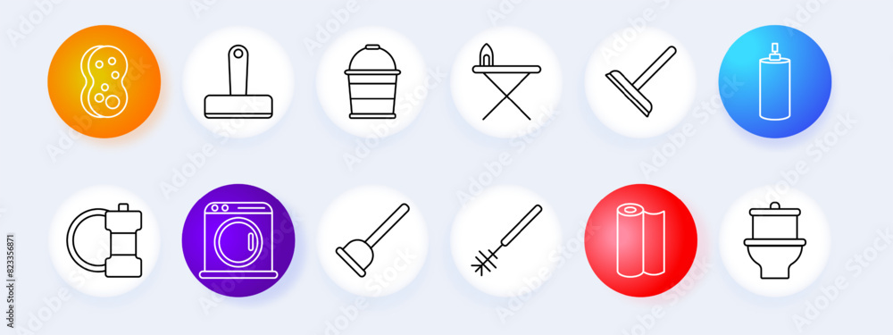 Spring cleaning set icon. Rag, mop, bucket, dirt, stains, water ...