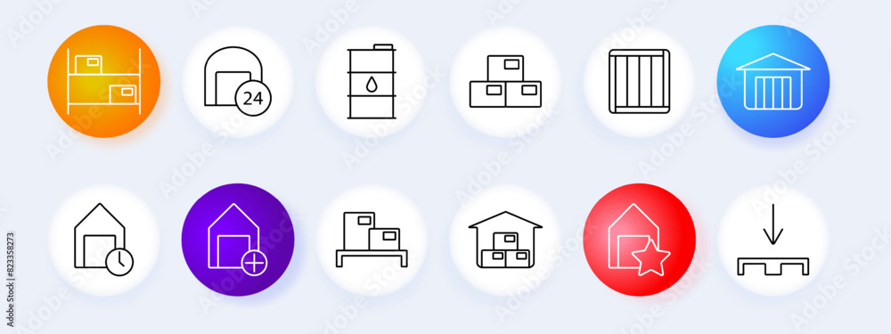 Warehouse storage set icon. Shelf, 24-hour service, oil barrel, boxes ...