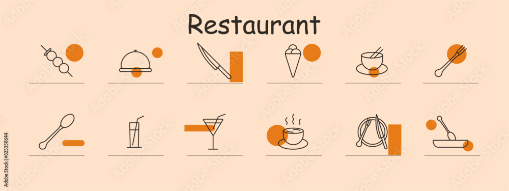 Restaurant icons set. Includes skewers, dome, knife, ice cream, coffee ...
