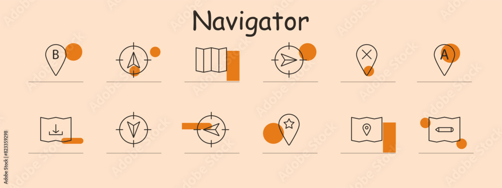 Navigator set icon. Location pin, compass, map, route, waypoint ...