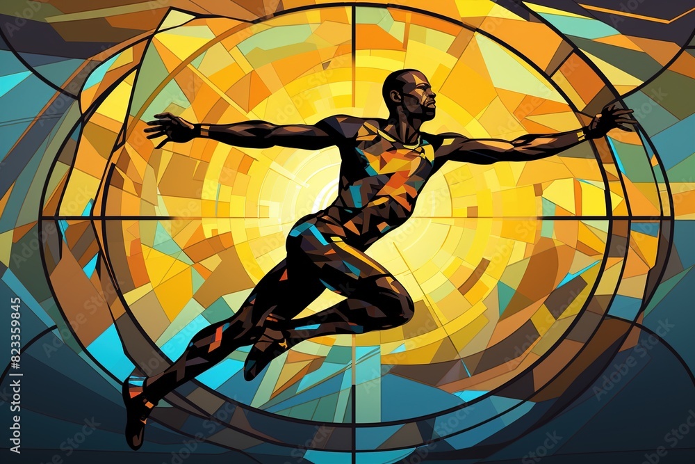 an image of a muscular human figure running with outstretched arms, a ...