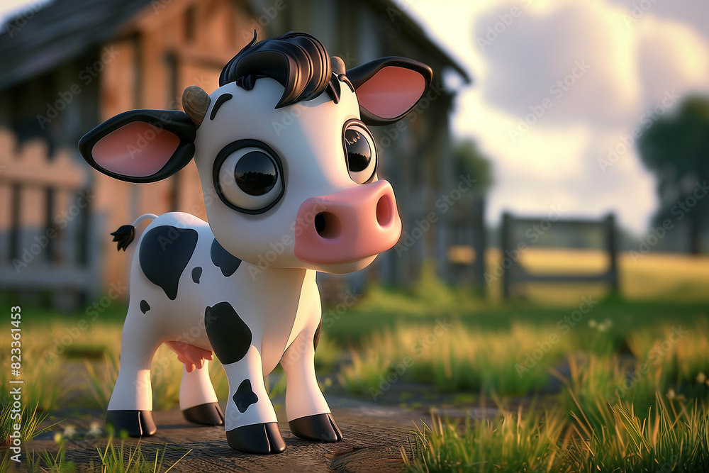 3D render of a cute baby cow, with big eyes and black and white spots ...