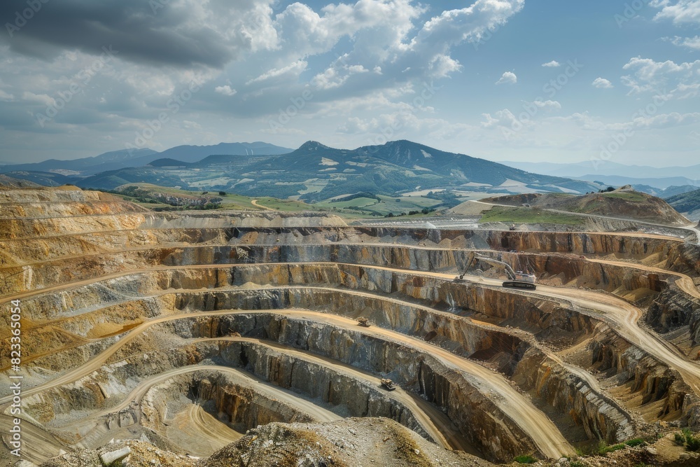 A high vantage point overlooking terraced layers of an open pit mine ...