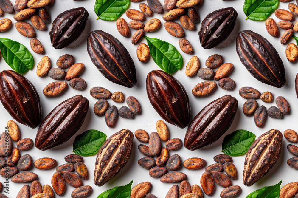 A seamless pattern of different types and colors of fresh cacao beans ...