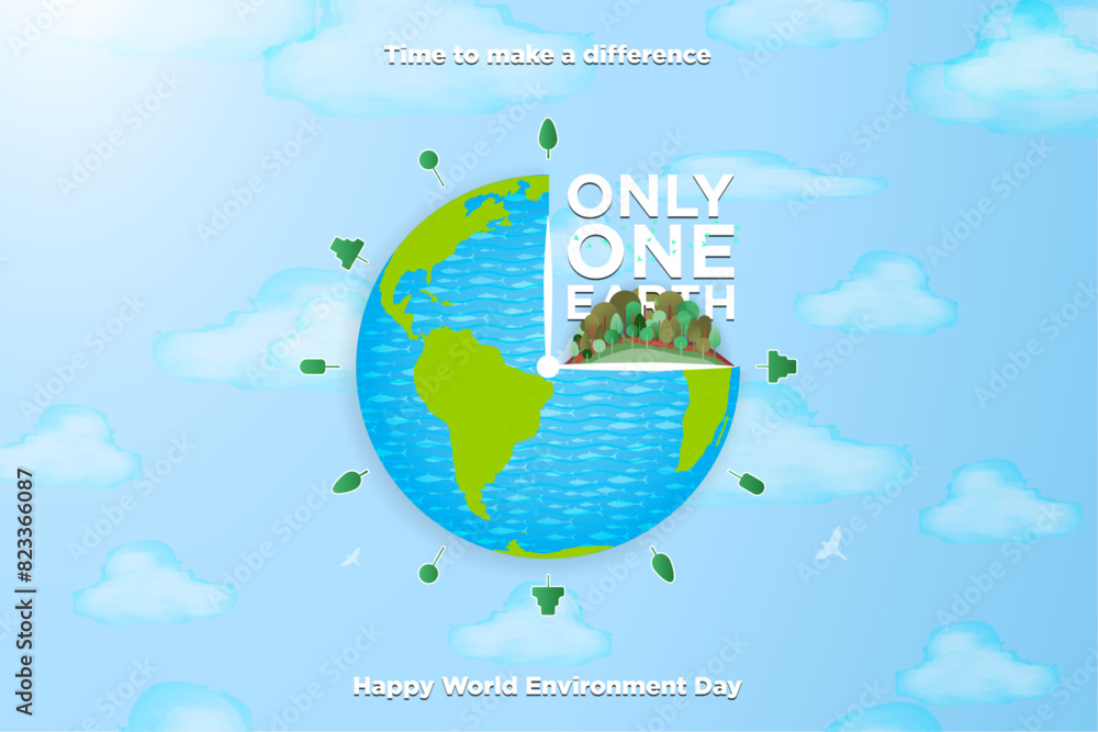 Happy World Environment Day Banner. Earth Globe Inside a ticking clock ...