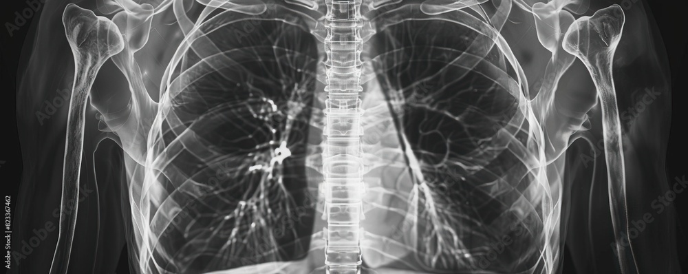 A detailed Xray of the lungs with the bronchi structures visible in ...