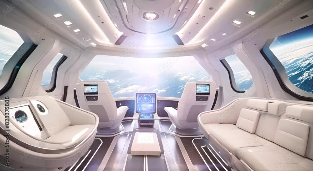 white clean spaceship interior with view on planet. seamless looping ...