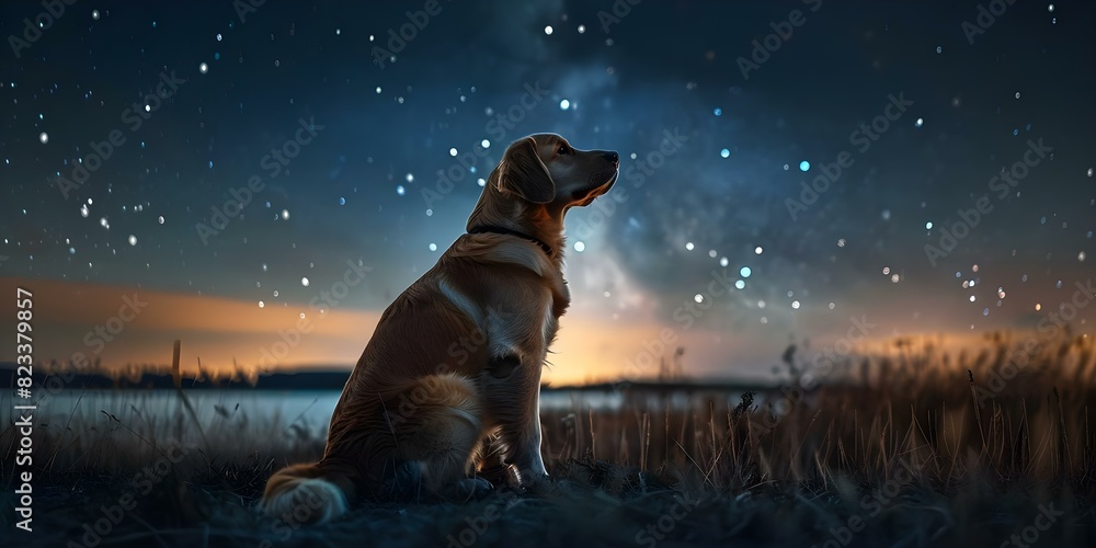 Dog gazing at stars while sitting seen from behind in night. Concept ...