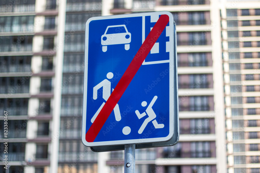 There is a blue and white sign with a red line running through it Stock ...