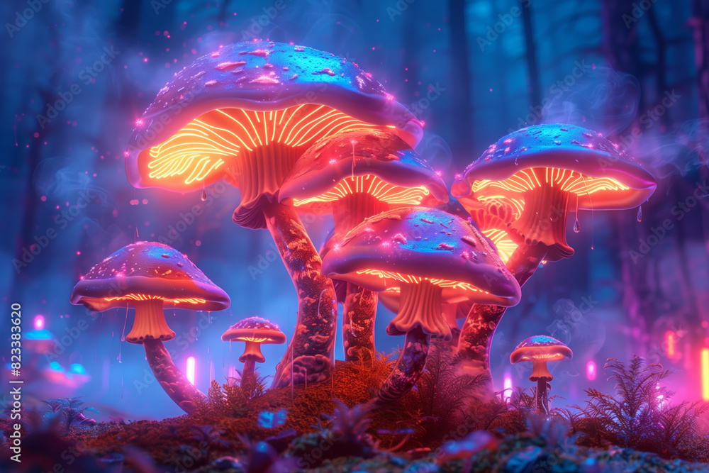 Magical psilocybin mushrooms glowing neon on night forest background ...