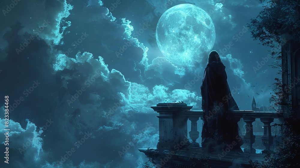 Depict a Gothic vampire lord standing on a balcony, overlooking a dark ...