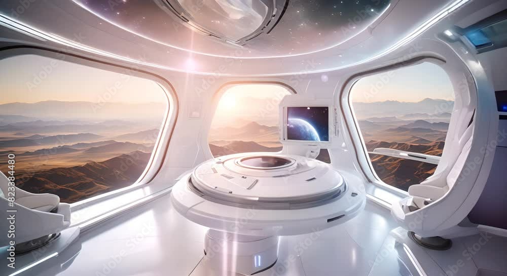 white clean spaceship interior with view on planet. seamless looping ...