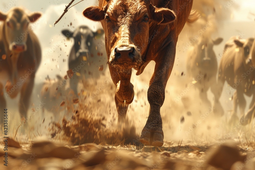 group of cattle, guided by a herding dog, gallop across a dusty field ...