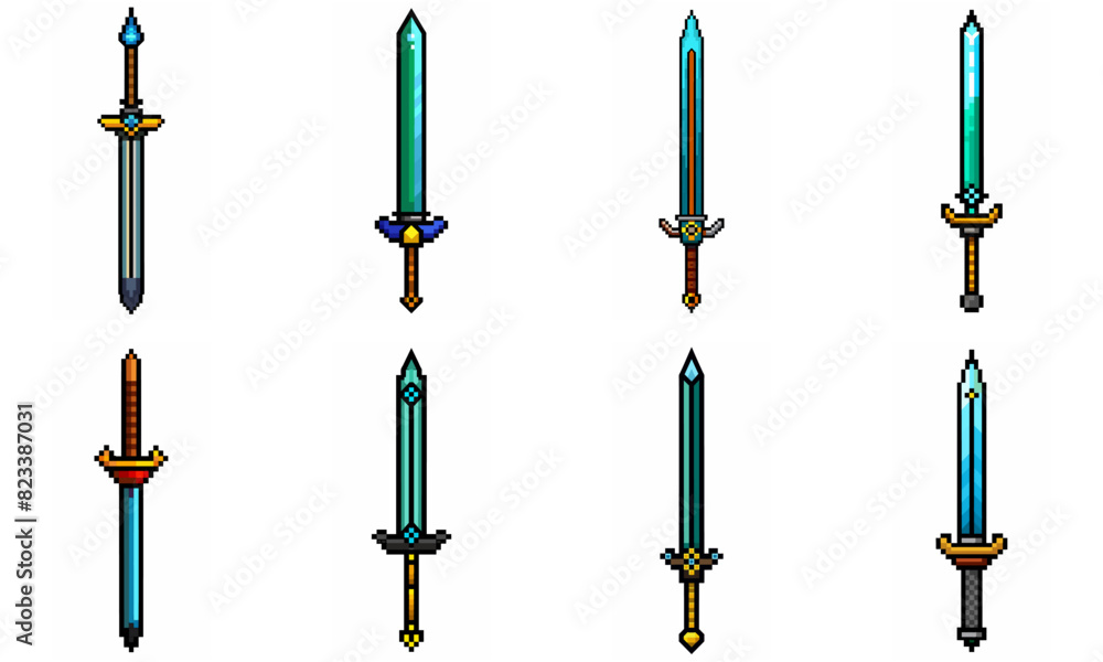 Pixel art weapon sword craft set. Retro rpg style swords isolated ...